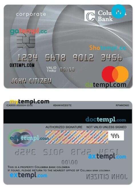 USA Columbia Bank Mastercard commercial credit card template in PSD format