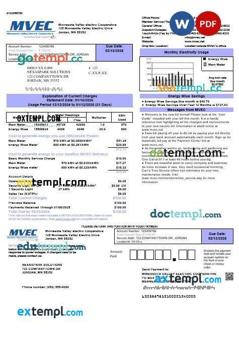 USA Minnesota Valley Electric Cooperative (MVEC) business utility bill ...