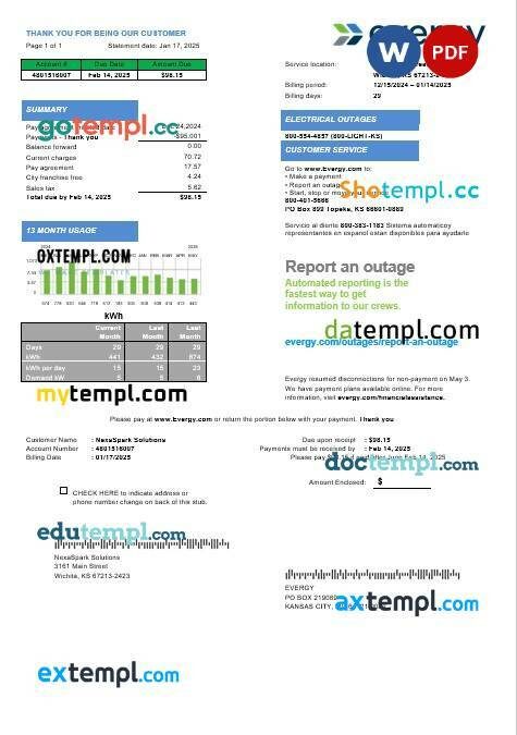 USA Missouri Evergy electricity business utility bill template in Word ...