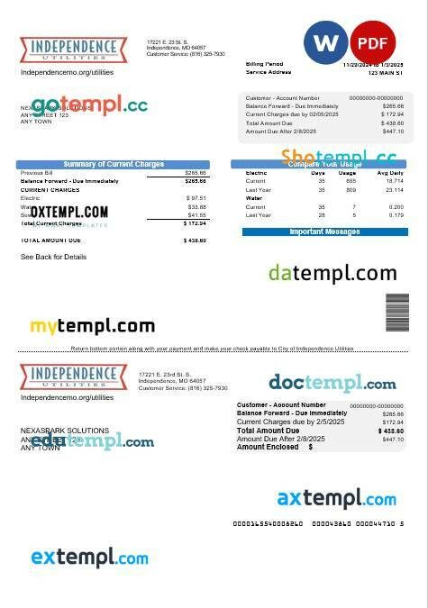 USA Missouri Independence Utilities business utility bill template in ...