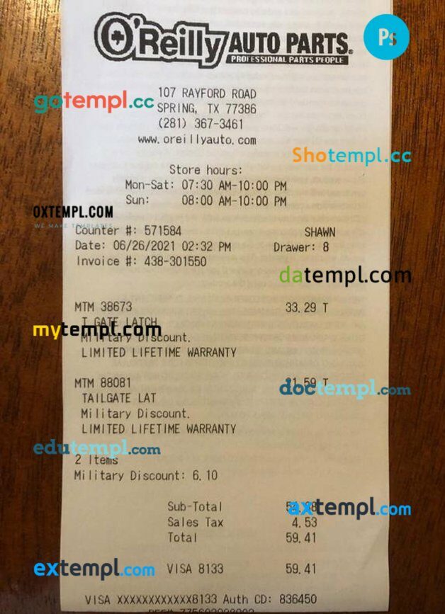 USA O’Reilly auto parts payment receipt PSD template