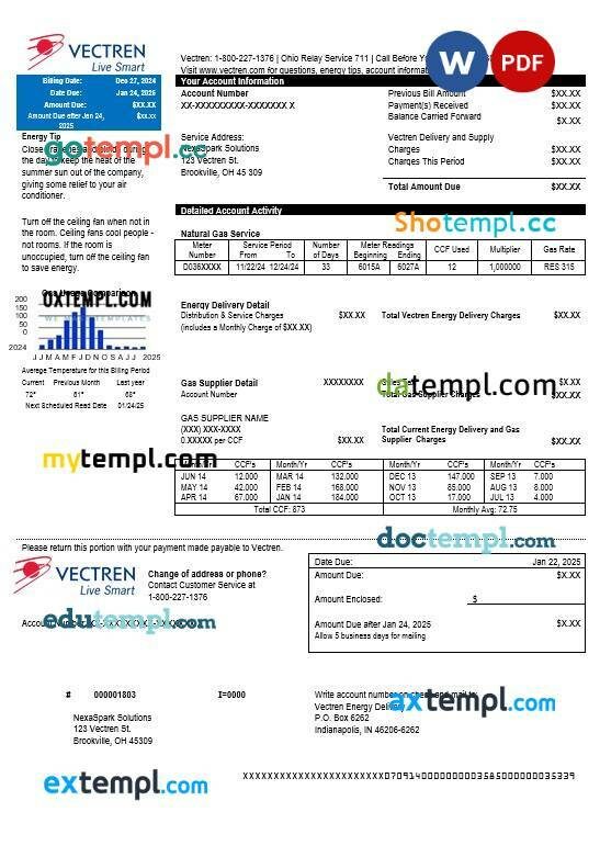 USA Ohio Vectren energy business utility bill template in Word and PDF ...