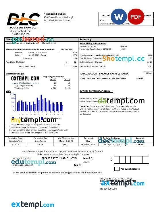 USA Pennsylvania Duquesne light business utility bill template in Word ...