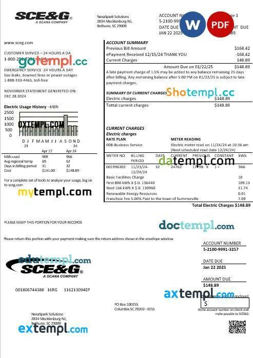 USA South Carolina SCE&G electricity business utility bill template in ...