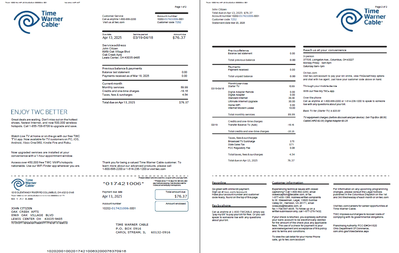 USA Time Warner Cable utility bill template in Word and PDF formats, 2 ...