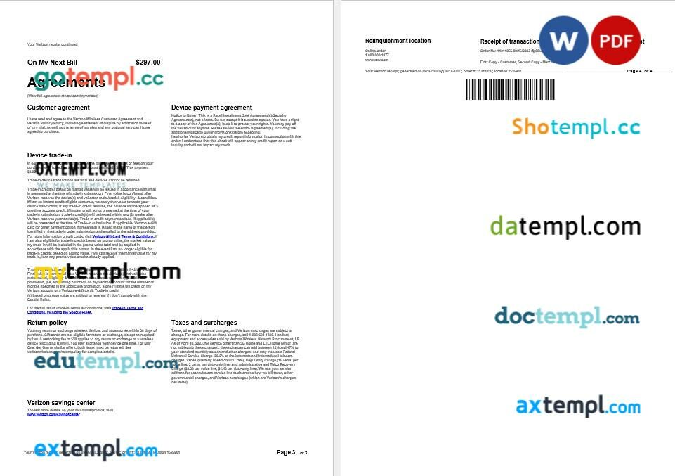USA Verizon tax bill editable template in Word and PDF formats