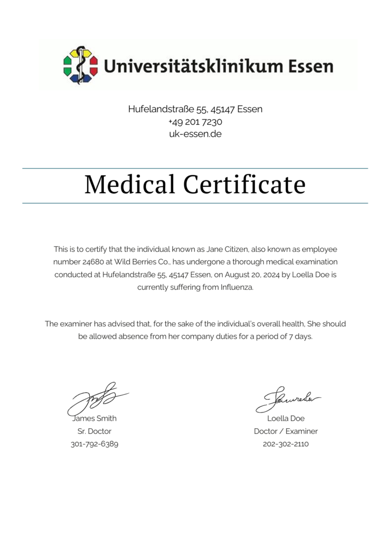 Universitätsklinikum Essen medical certificate template in Word and PDF ...