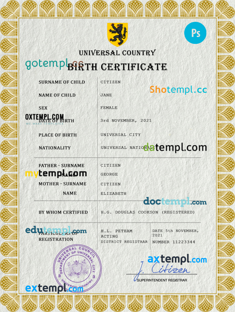 # blackout universal birth certificate PSD example, completely editable