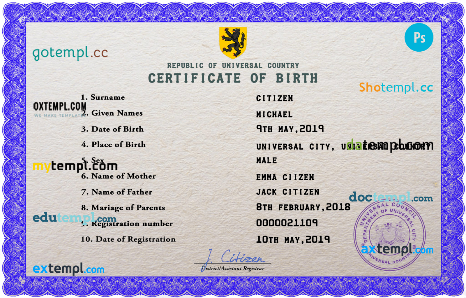 # bold universal birth certificate PSD example, completely editable