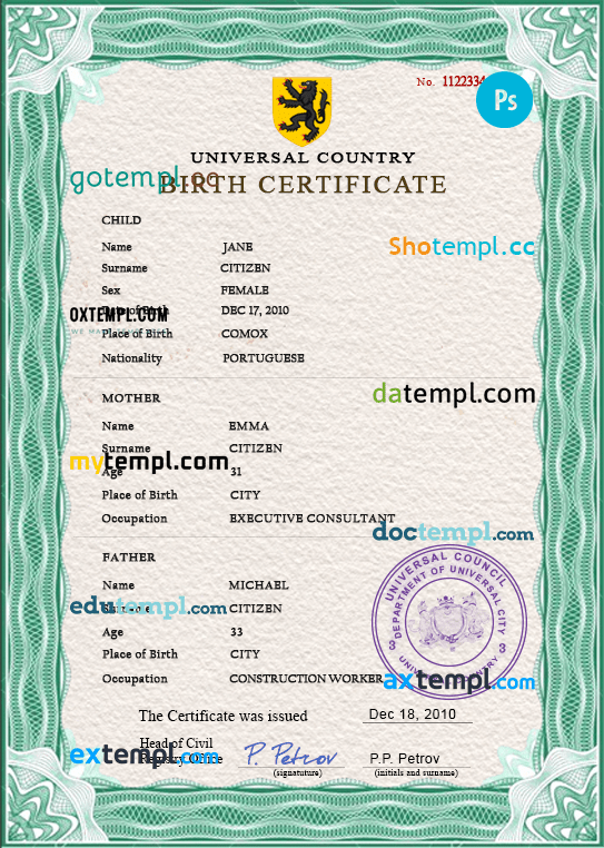 # broadcast variety universal birth certificate PSD example, completely ...