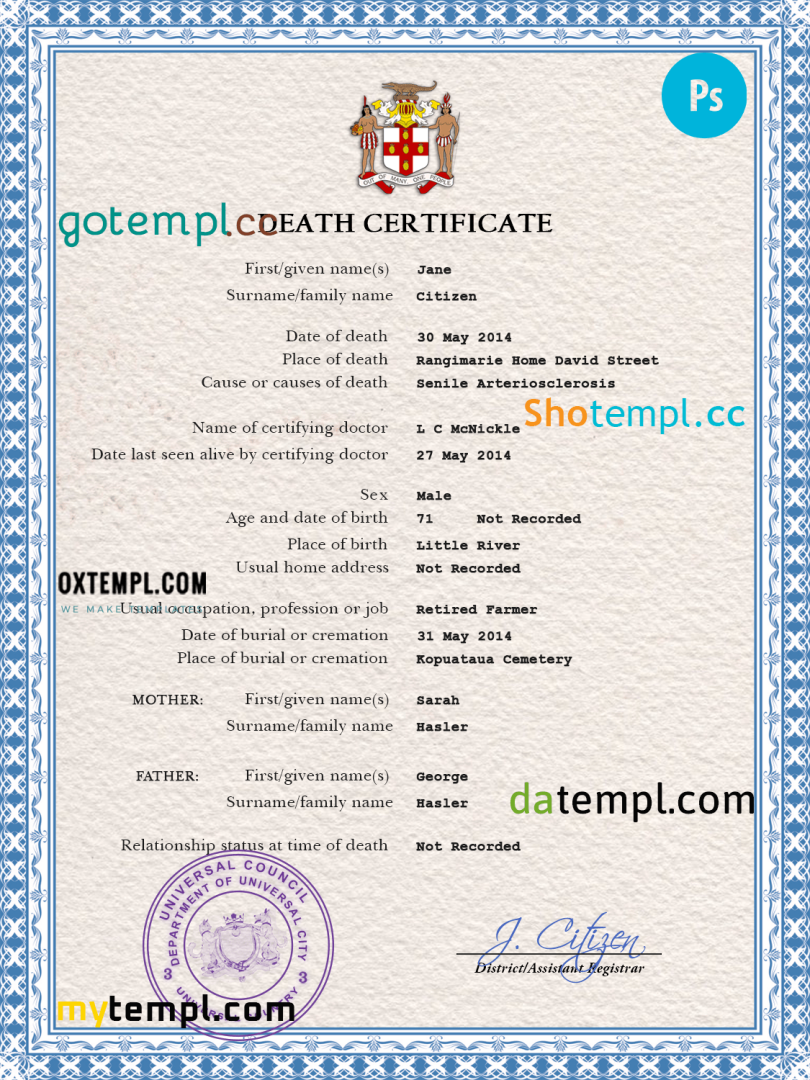 # certificate leader death universal certificate PSD example ...