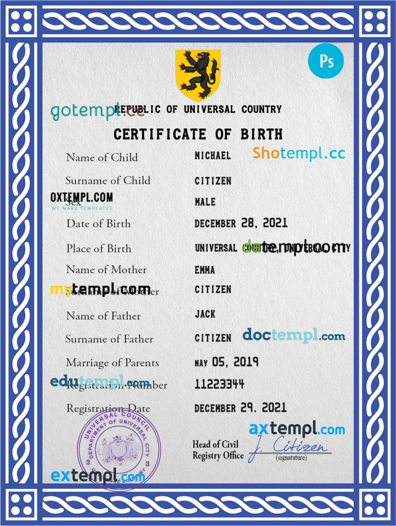 # certificatetastic universal birth certificate PSD example, fully editable