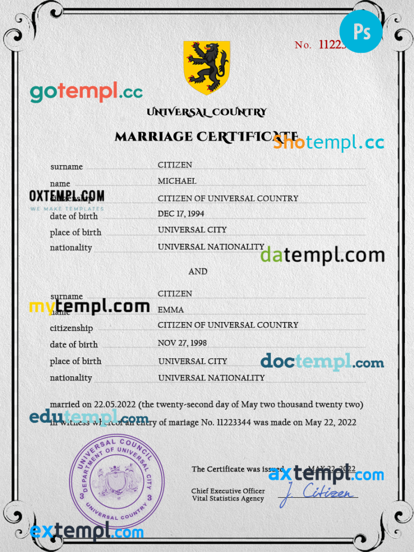 # destiny universal marriage certificate PSD example, completely editable