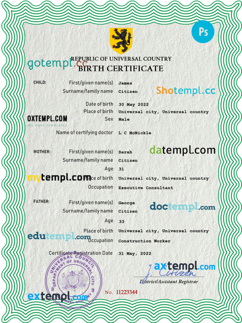 # plug universal birth certificate PSD example, completely editable