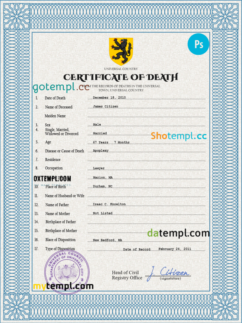# variety vital record download death certificate universal PSD example
