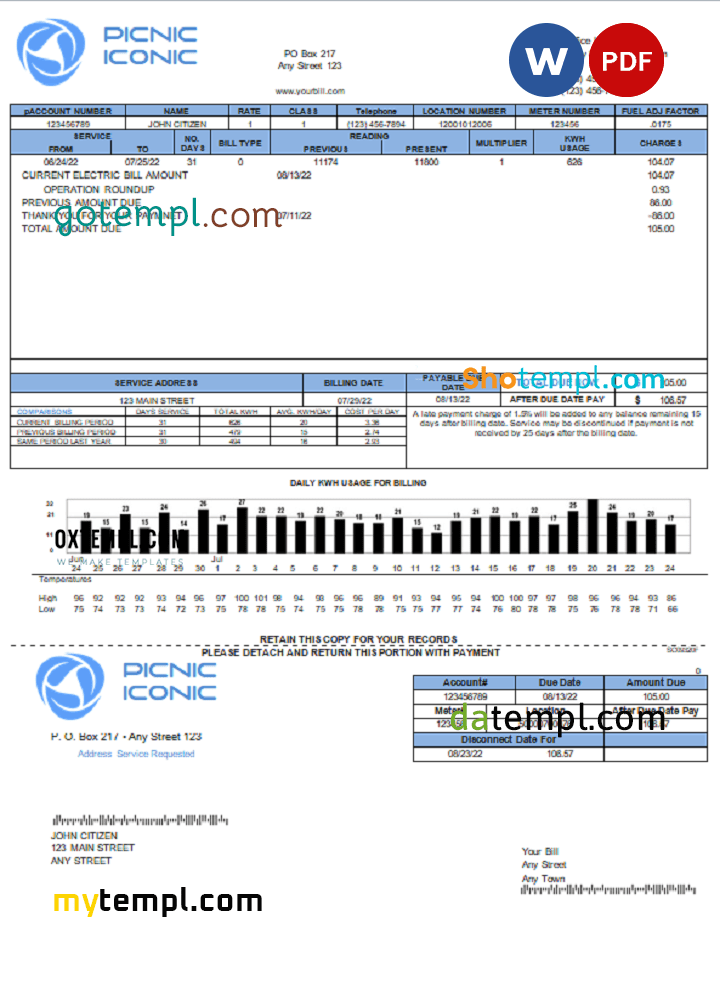 # picnic iconic universal multipurpose utility bill download, Word and ...