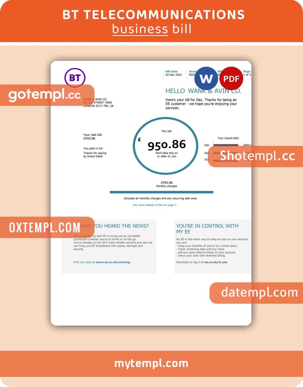 BT telecommunications business utility bill, Word and PDF template, 2 pages