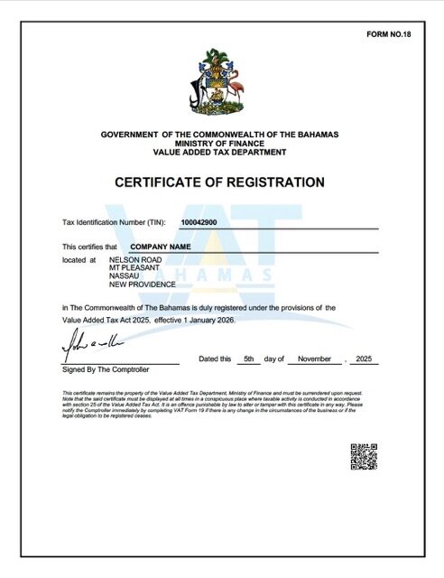 Bahamas VAT registration certificate Word and PDF template