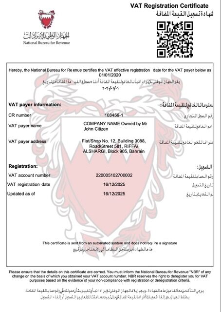 Bahrain VAT registration certificate Word and PDF template