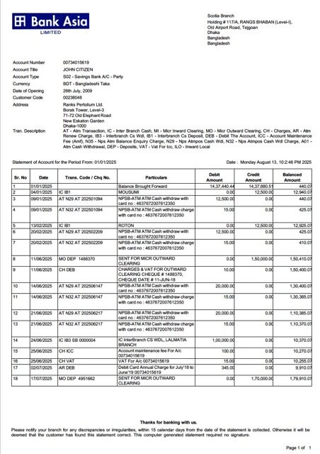 Bangladesh Bank Asia account statement Word and PDF template