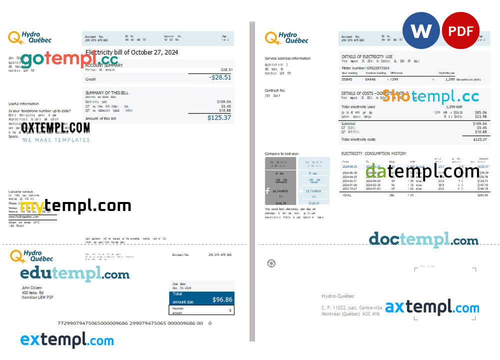 Canadian Hydro-Québec utility bill download example in .doc and .pdf ...