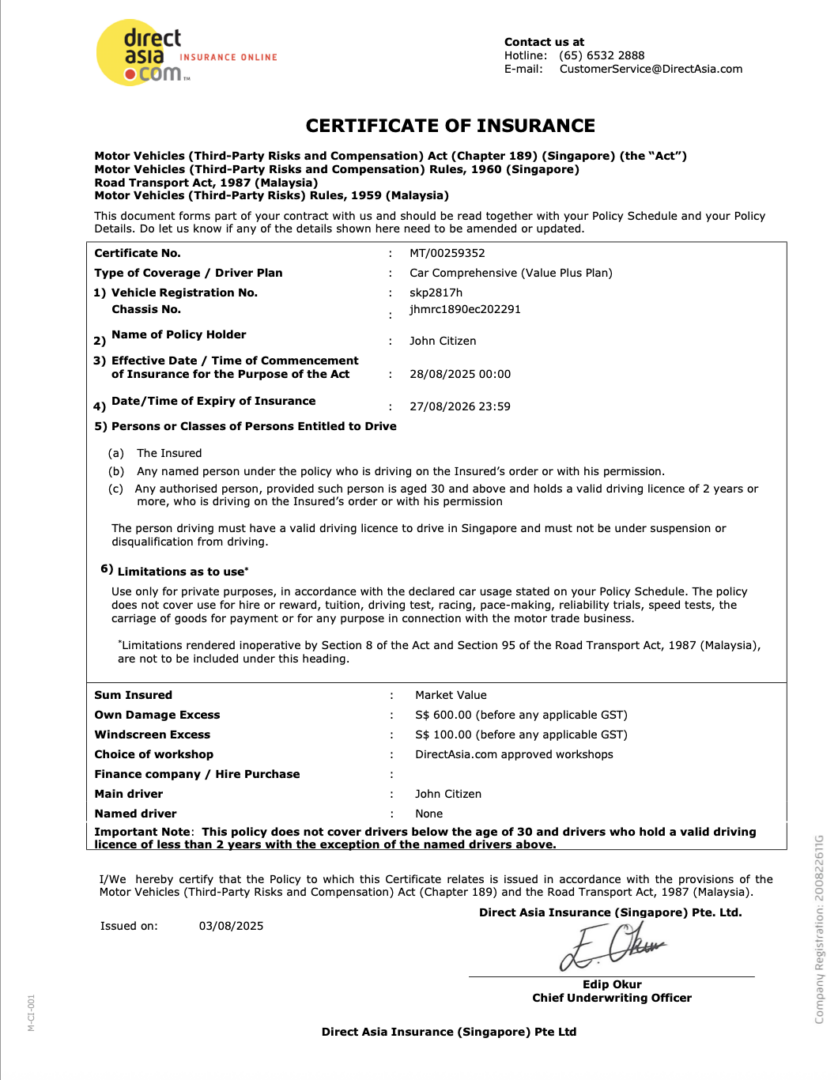 DirectAsia Insurance Singapore certificate of insurance Word and PDF ...