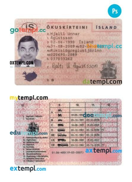 Iceland driving license PSD editable template