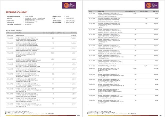 India AU Small Finance Bank statement of account Word and PDF template ...