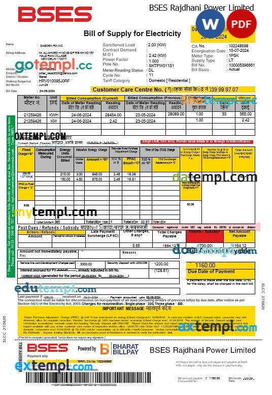 India Bses electricity business utility bill template in Word and PDF ...