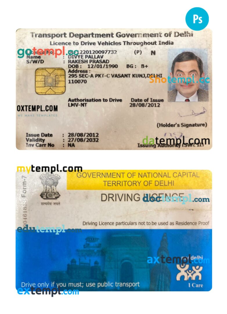 India Delhi driving license PSD editable template