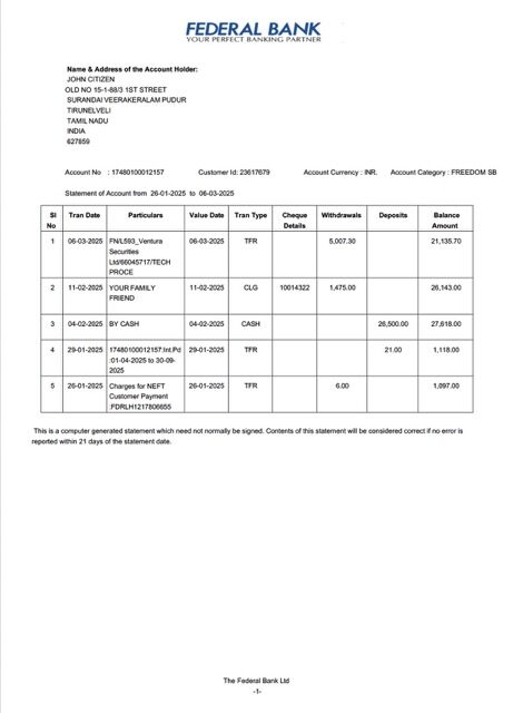 India Federal Bank statement of account Word and PDF template, version 2