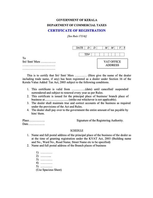 India Kerala certificate of registration Word and PDF template