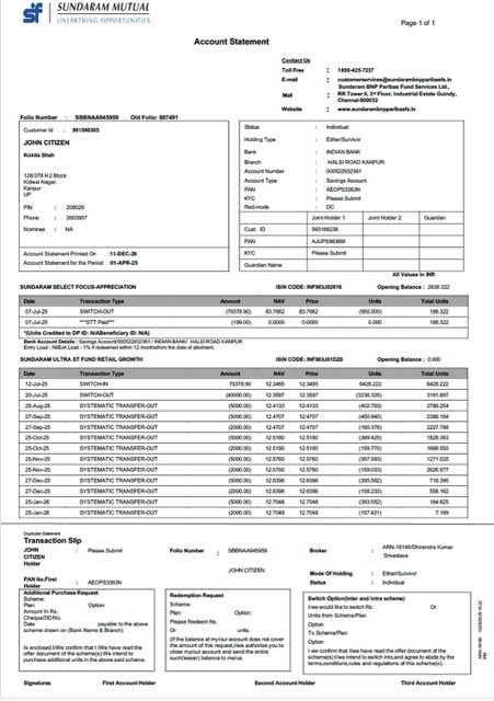 India Sundaram Mutual account statement Word and PDF template