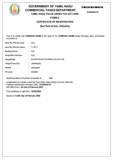 India Tamil Nadu VAT registration certificate Word and PDF template