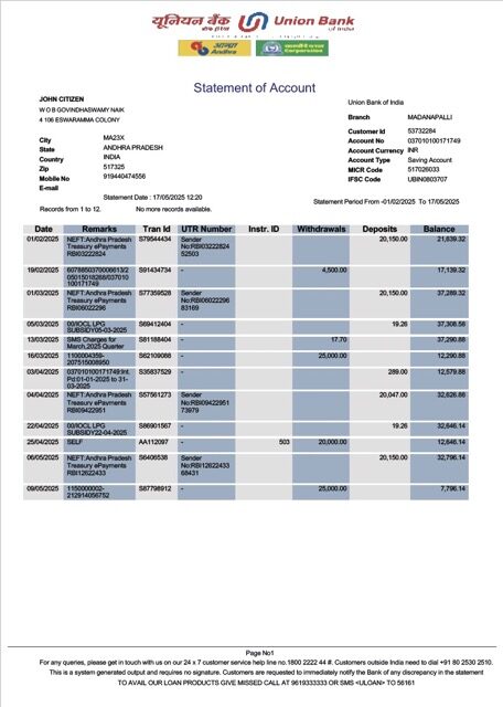 India Union Bank account statement Word and PDF template, version 2