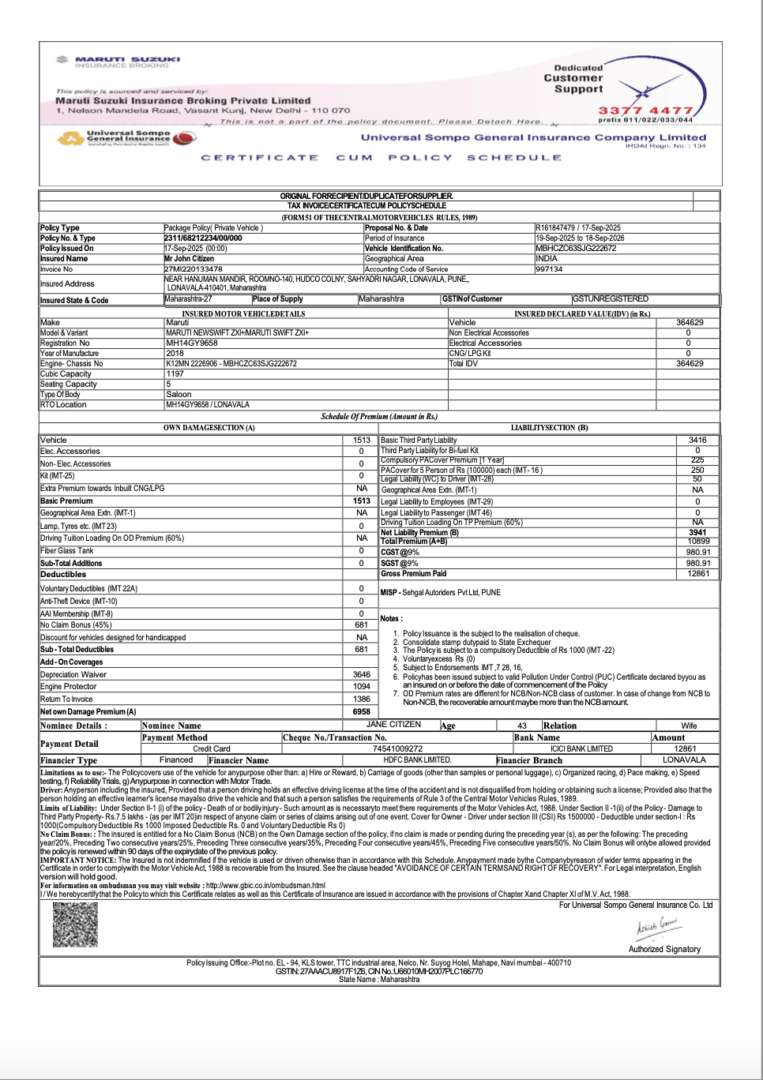 India Universal Sompo General Insurance certificate cum policy schedule ...