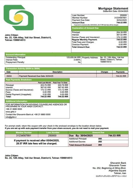 Iran Ghavamin Bank mortgage statement Word and PDF template