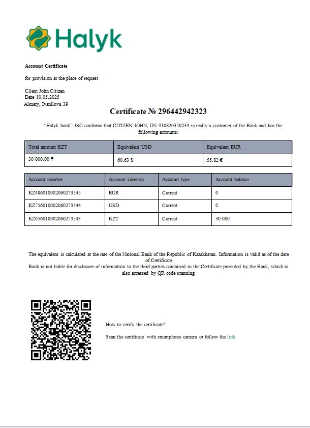 Kazakhstan Halyk bank account certificate Word and PDF template