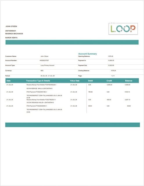 Kenya Loop Bank account statement Word and PDF template