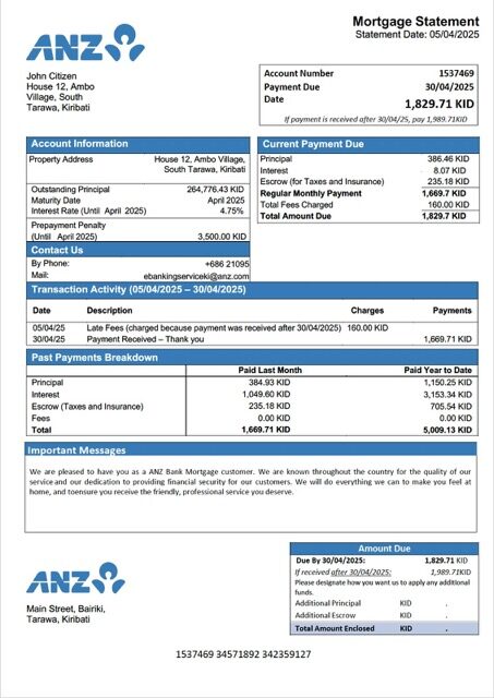 Kiribati ANZ Bank mortgage statement Word and PDF template