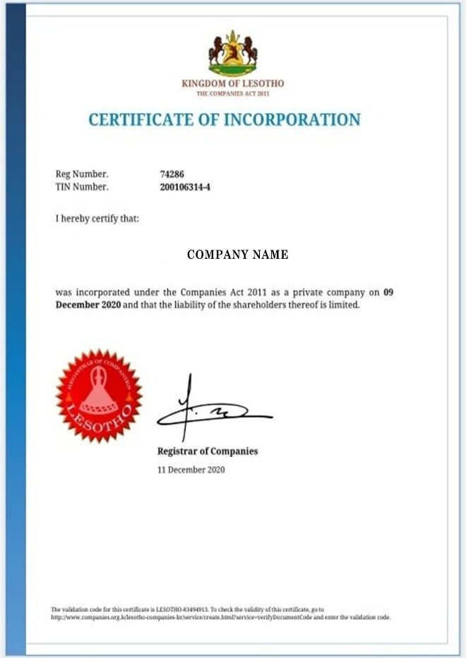 Lesotho Certificate of Incorporation PSD template