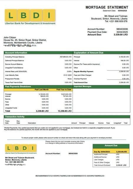 Liberian Bank for Development and Investment (LBDI) mortgage statement ...