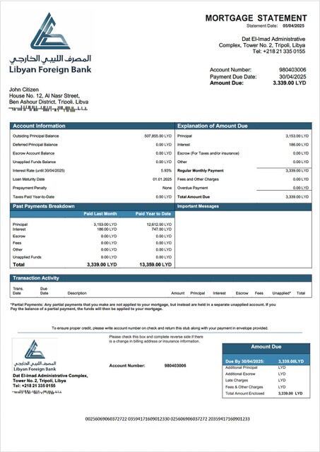 Libyan Foreign Bank mortgage statement Word and PDF template