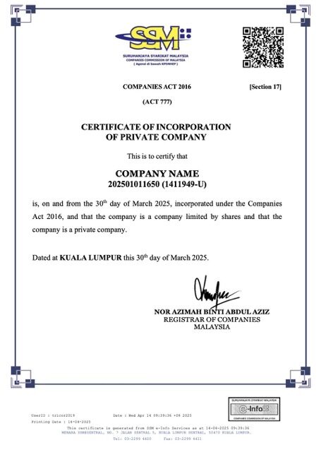 Malaysia certificate of incorporation of private company Word and PDF ...