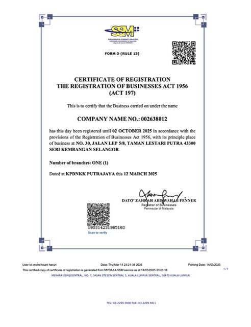 Malaysia certificate of registration Word and PDF template