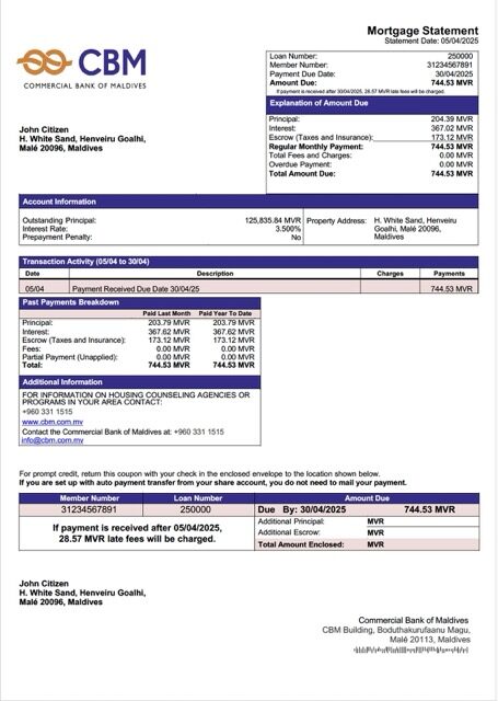 Maldives Commercial Bank of Maldives mortgage statement Word and PDF template