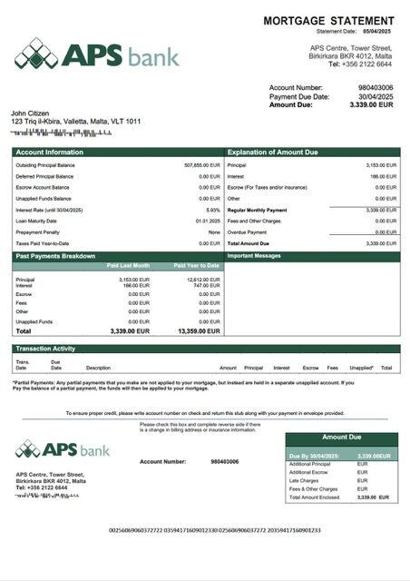 Malta APS Bank PLC mortgage statement Word and PDF template