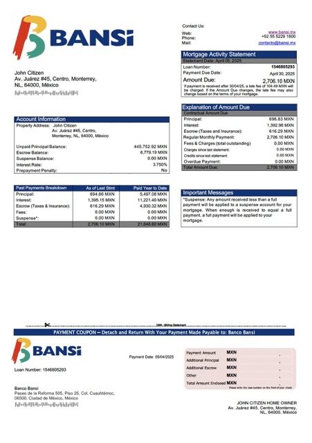 Mexico Banco Bansi mortgage statement Word and PDF template – gotempl.cc
