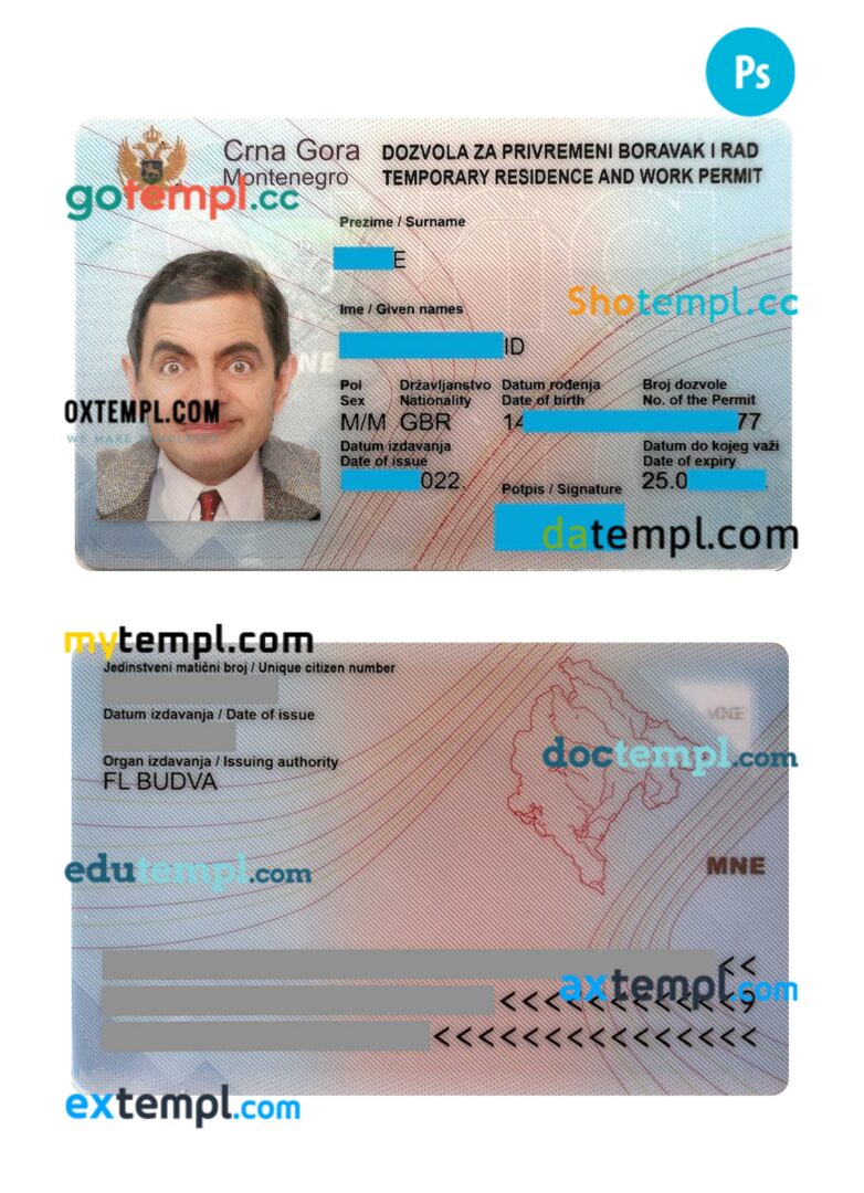 Montenegro residence card PSD example