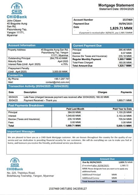 Myanmar CHID Bank mortgage statement Word and PDF template